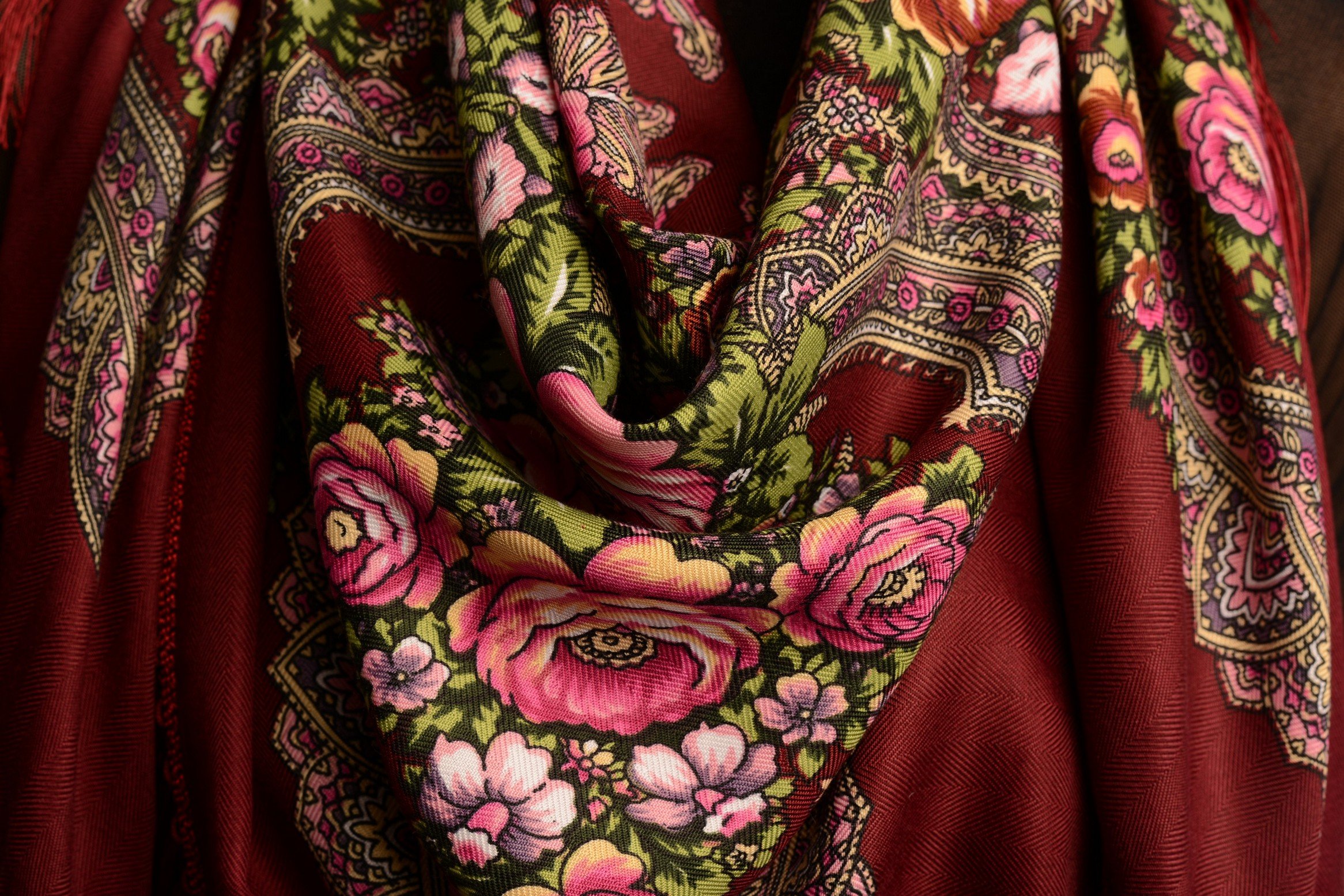 LissKiss Burgundy Plyaski Slavonic Russian Folk Style Shawl - Scarf