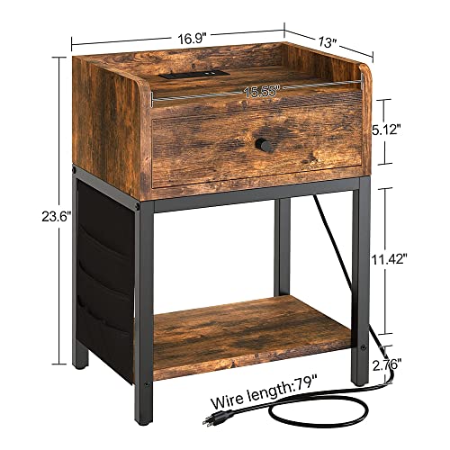 FABATO End Table with Charging Station Nightstands with Drawer and Fabric Bag Storage & USB Ports Narrow Sofa Side Table for Small Spaces with Metal Frame Living Room Bedroom, Rustic Brown