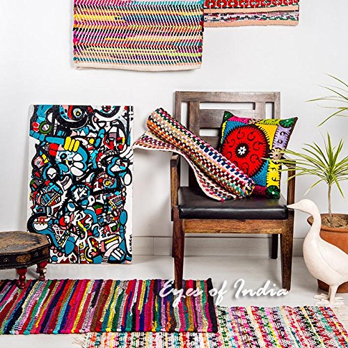 Eyes of India - 4 X 6 ft Black Colorful Chindi Woven Area Rag Rug Braided Bohemian Accent Boho Chic Decorative Indian Handmade Handwoven