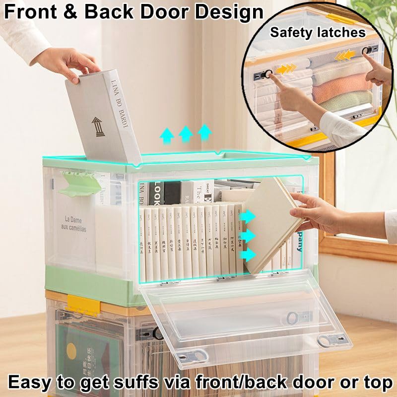 Collapsible Storage Bins with Lids, 50QT Stackable Closet Organizer, 3 Pack Foldable Storage Box with Front and Back Open Doors, Clear Bins for Home, Dorm, Office, Trunk, Wardrobe