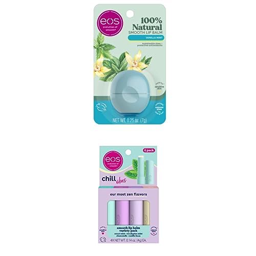 Bundle of eos 100% Natural Vanilla Mint Lip Balm Sphere + Chill Vibes Lip Balm Variety 4-Pack