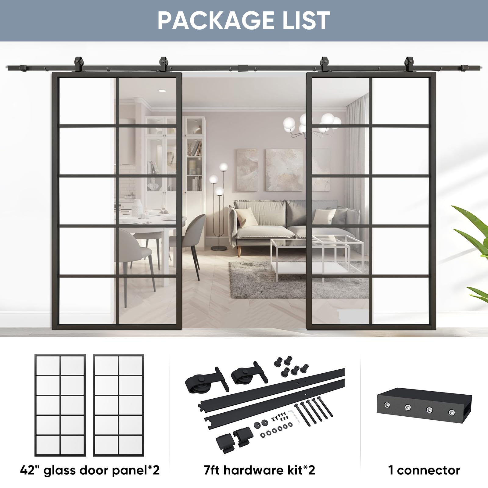 JUBEST Double Barn Door 84 x 84 in with 14FT Hardware Kit, 2 Sets of 42x84 in Clear Tempered Glass Aluminum Frame Barn Door,Pocket Interior Door, Easy Assembly,Black Top-Mounted Hardware