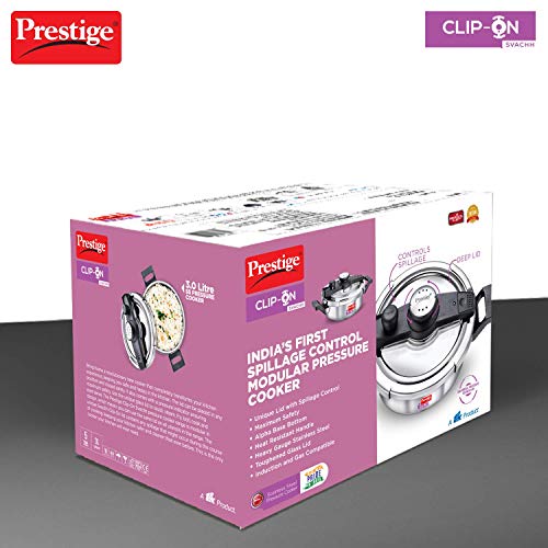 PRESTIGE Clip-on Svachh 3 Litre Stainless Steel Pressure Cooker, silver, standard