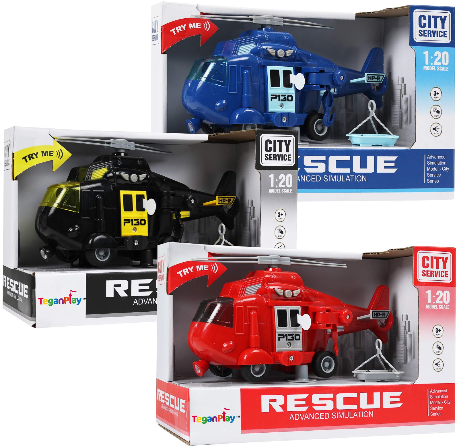 Helicopter Toys for Boys [3 Pack] | Kids Rescue Play Set Friction Powered with Realistic Lights & Sounds | Includes Police, Fire & Rescue Team