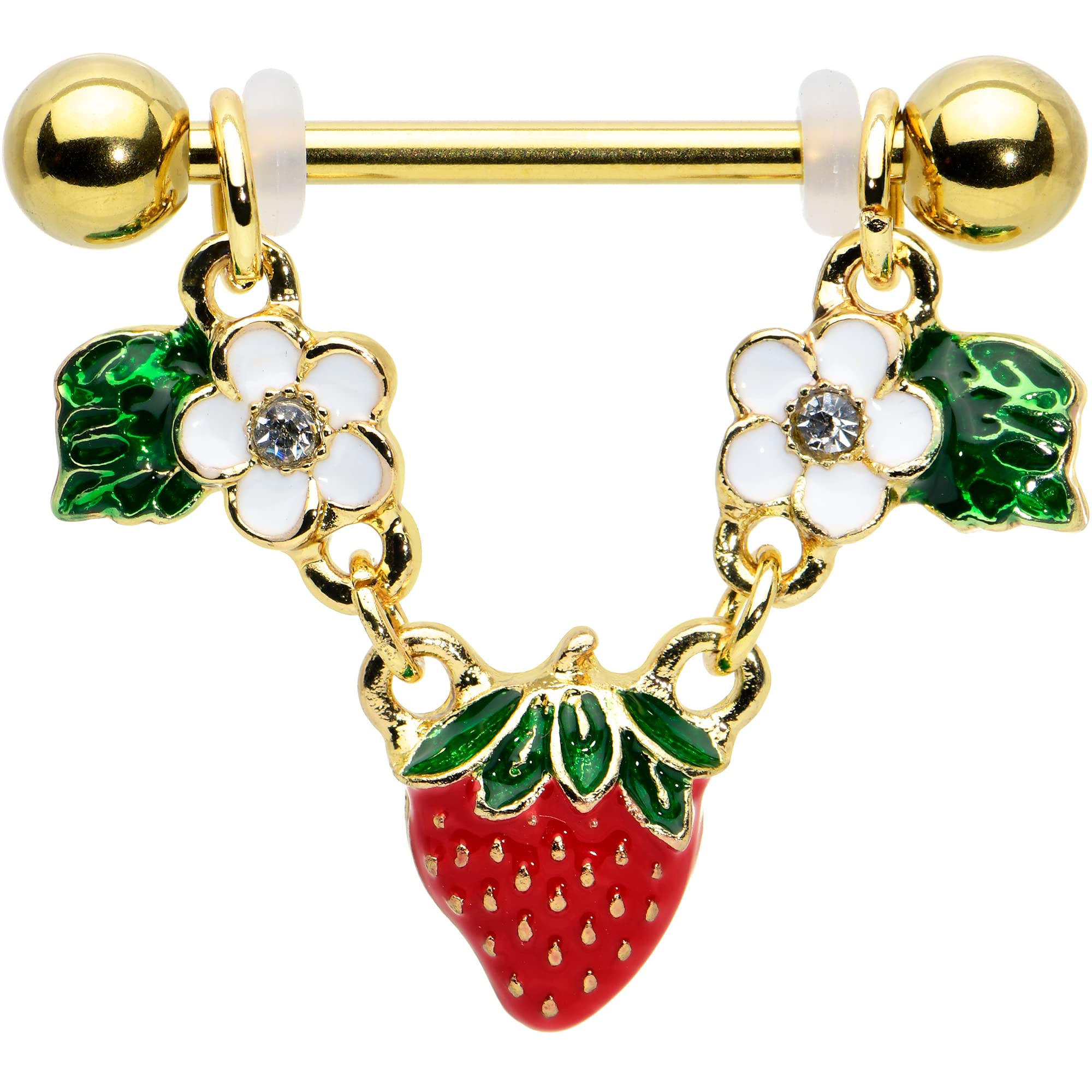 Body Candy 14G Womens Nipplerings Piercing PVD Steel 2Pc Strawberry Flower Dangle Nipple Ring Set 9/16"