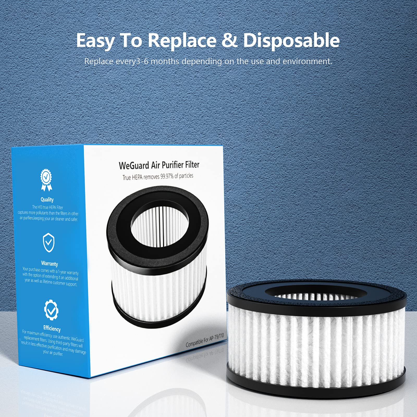 WeGuard True HEPA Filter, Compatible with WeGuard AP-T9/ AP-T10 True HEPA Air Purifier Air Cleaner (1 Pack)