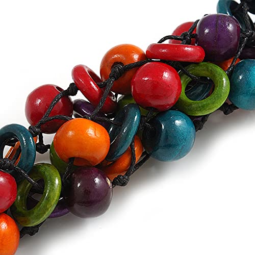 Avalaya Multicoloured Wooden Round Bead and Ring Cotton Cord Long Necklace - 80cm Max/Adjustable