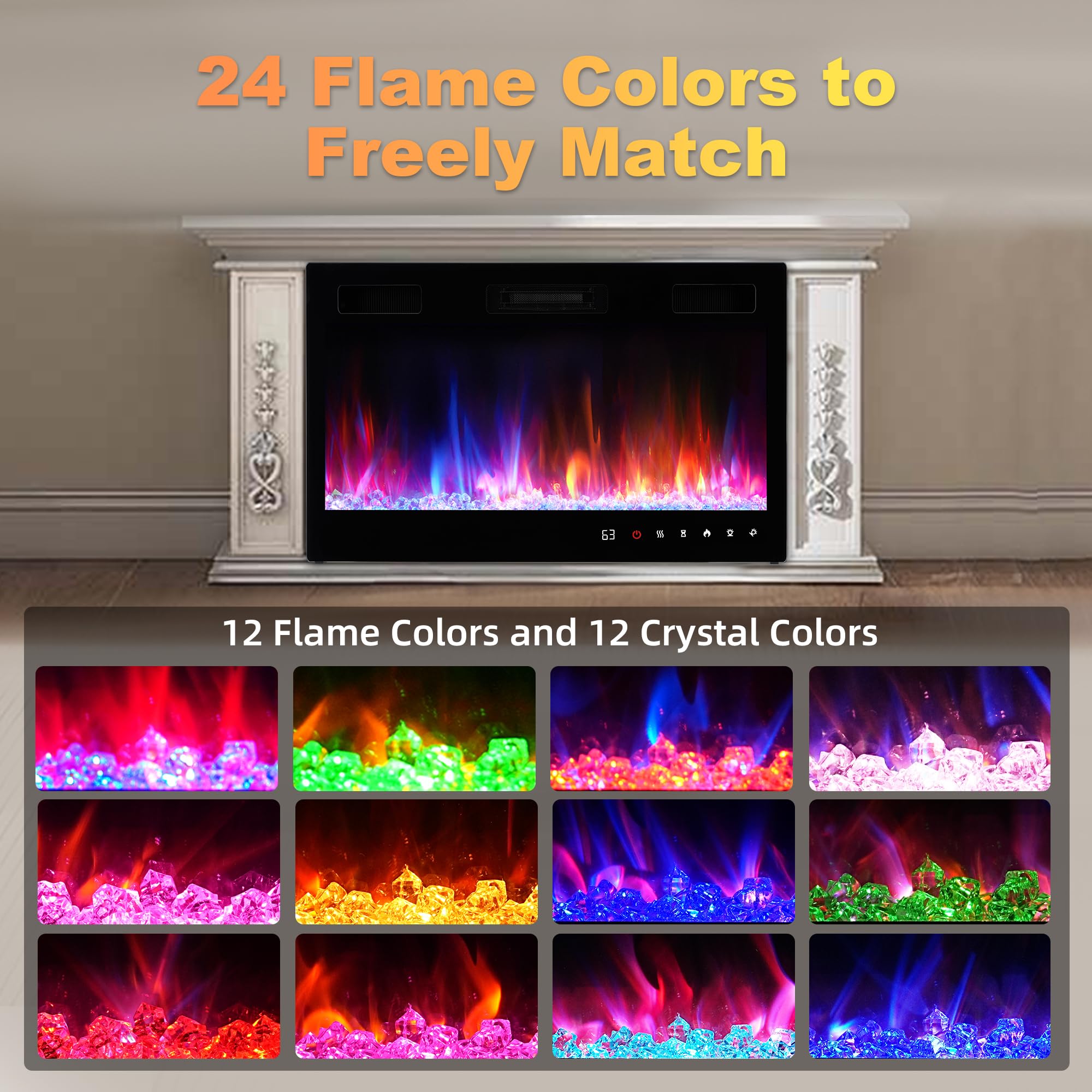 Electric Fireplace 36 Inch Insert Realsmart Recessed 750 1500 W High Screen Slim Wall Mountedle Fireplace Low Noise Overheat Protection Remote Control with Heater Timer Flame Color Sala Modernos (36β)