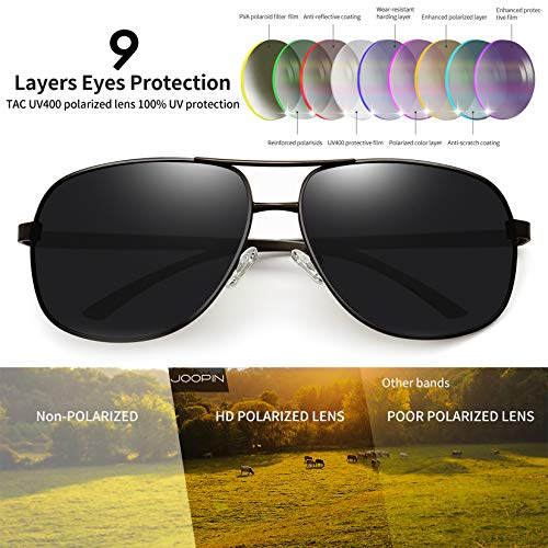 Joopin Rectangular Polarized Sunglasses for Men, Al-Mg Metal Frame Military Pilot Sun Glasses Driving UV Protection, Lightweight Shades for Men (Black)