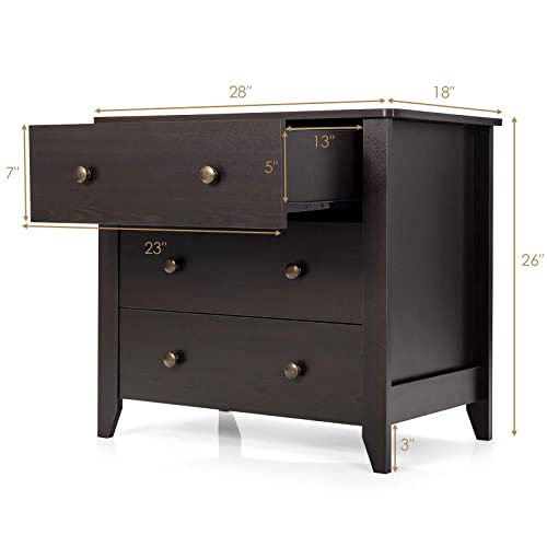 Giantex Drawer Chest with 3 Drawers,Solid Curved Legs and Double Handled Bedside Table Storage Dresser Cabinet for Bedroom, Living Room, Entryway, Nursery 28x 18x 26 Inch Drawer Dresser (Deep Coffee)