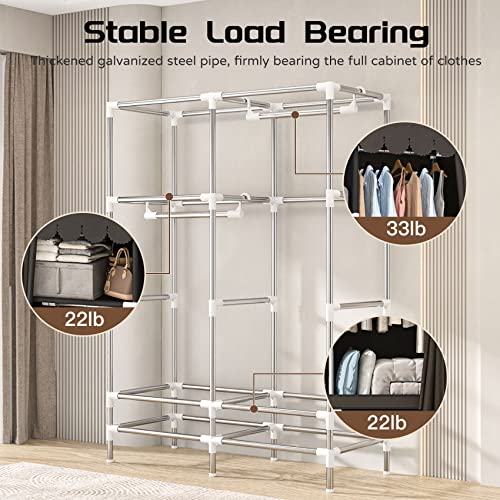LEAIJIAFY Small Portable Cloth Wardrobe Closet for Hanging Clothes with 2 Drawers,Brown Armoire with 2 Hanging Rods,Clothes Rack Storage Organizer with Non Woven Fabric Cover,for Bedroom
