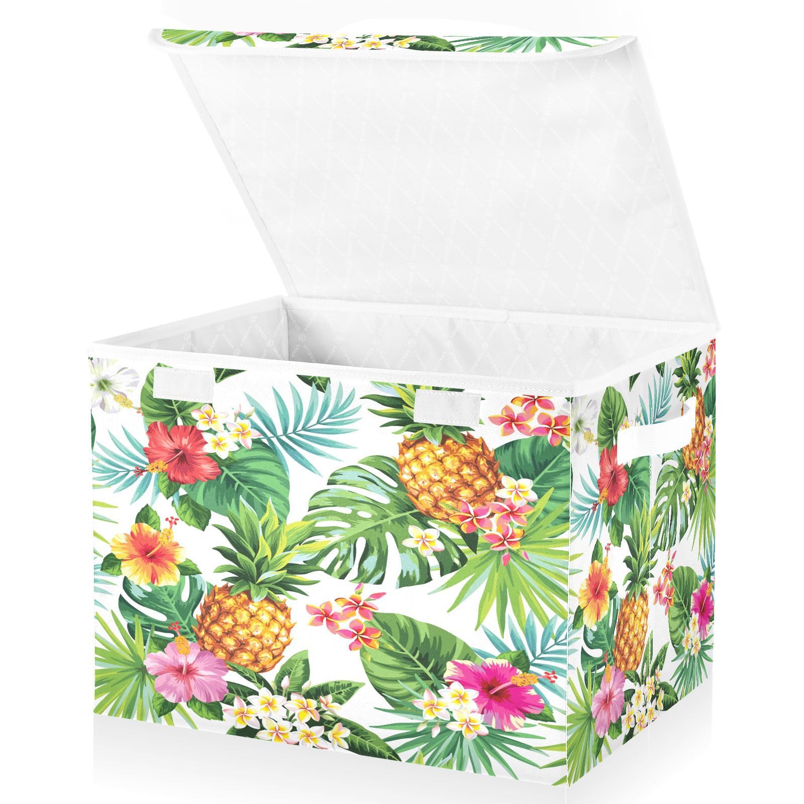 DIGTIA Tropical Pineapple Floral Storage Bins with Lids Large Palm Leaves Summer Storage Basket with Handles Foldable Fabric Storage Box Organizer for Clothes Toys Closet Cabinet Home Office Bedroom