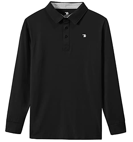 BGOWATU Men's Golf Polo Shirts 3-Button Lightweight UPF 50+ Long Sleeve Stretch Athletic Casual Top (Black,XL)