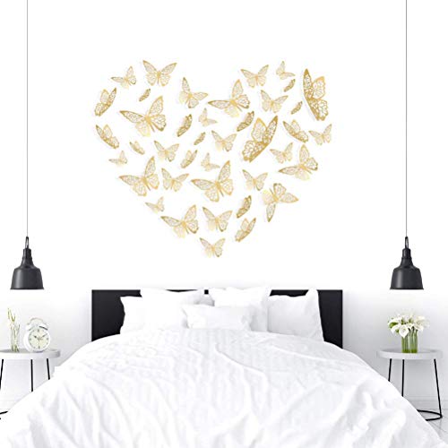 Butterfly Wall Decor Sticker Wall Decal, 48 Pcs Gold 3D Art Removable Mural Decoration DIY Flying Decor for Kids Bedroom Home Party Nursery Classroom Offices Décor (6)…