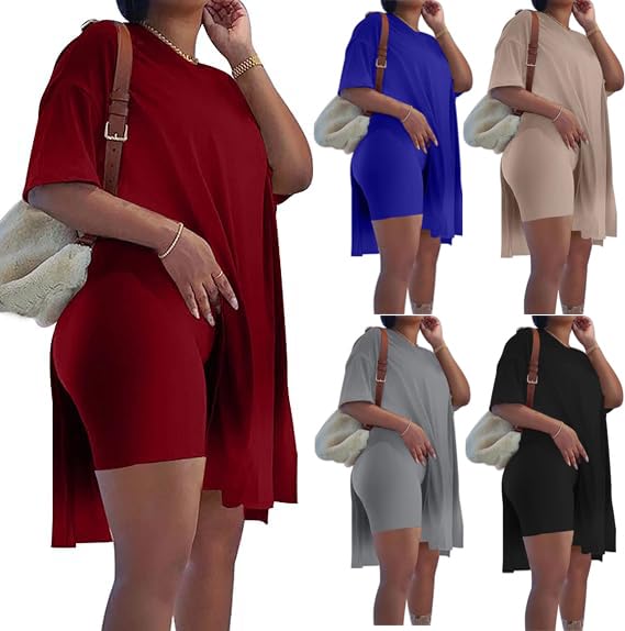 AXOSY Women Plus Size 2 Piece Outfits Short Sleeve Tunic Tops and Skinny Biker Shorts Sets Tracksuits Black,3X-Large