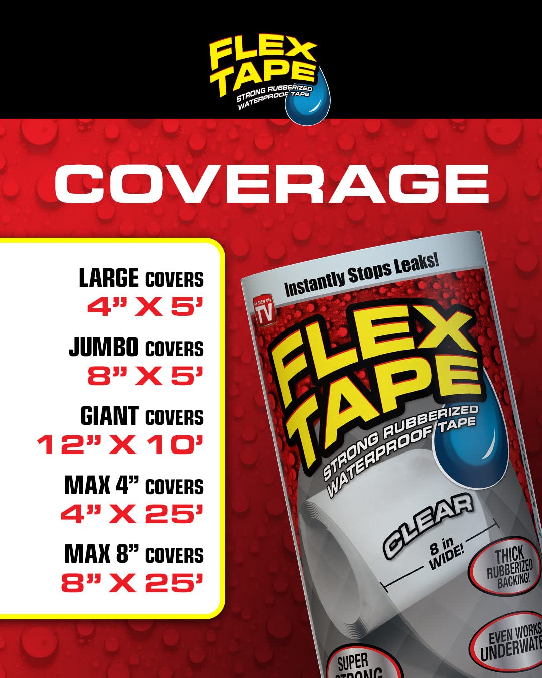 Flex Tape, MAX, 8 in x 25 ft, White, Original Thick Flexible Rubberized Waterproof Tape - Seal and Patch Leaks, Works Underwater, Indoor Outdoor Projects - Home RV Roof Plumbing and Pool Repairs