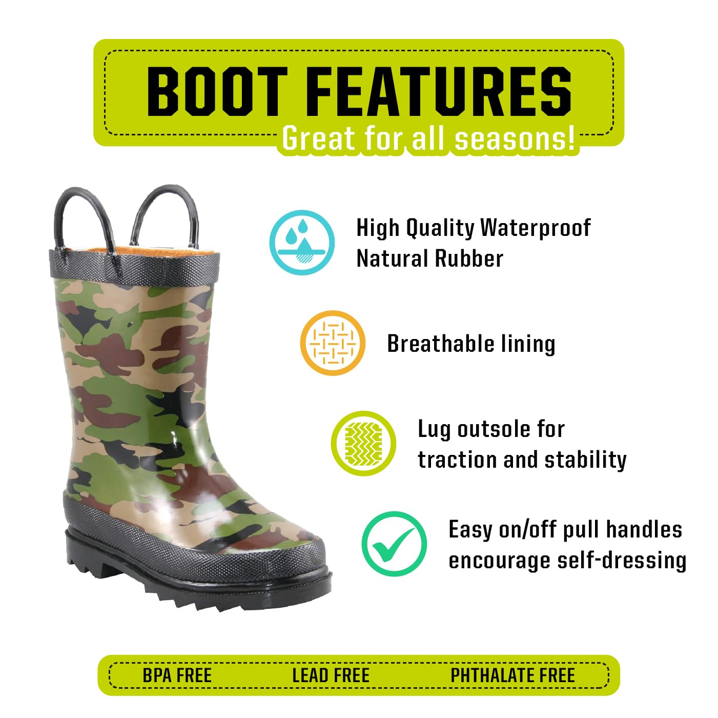 Western Chief Boys Waterproof Printed Rain Boot with Easy Pull on Handles - Camo, 4 M US Big Kid