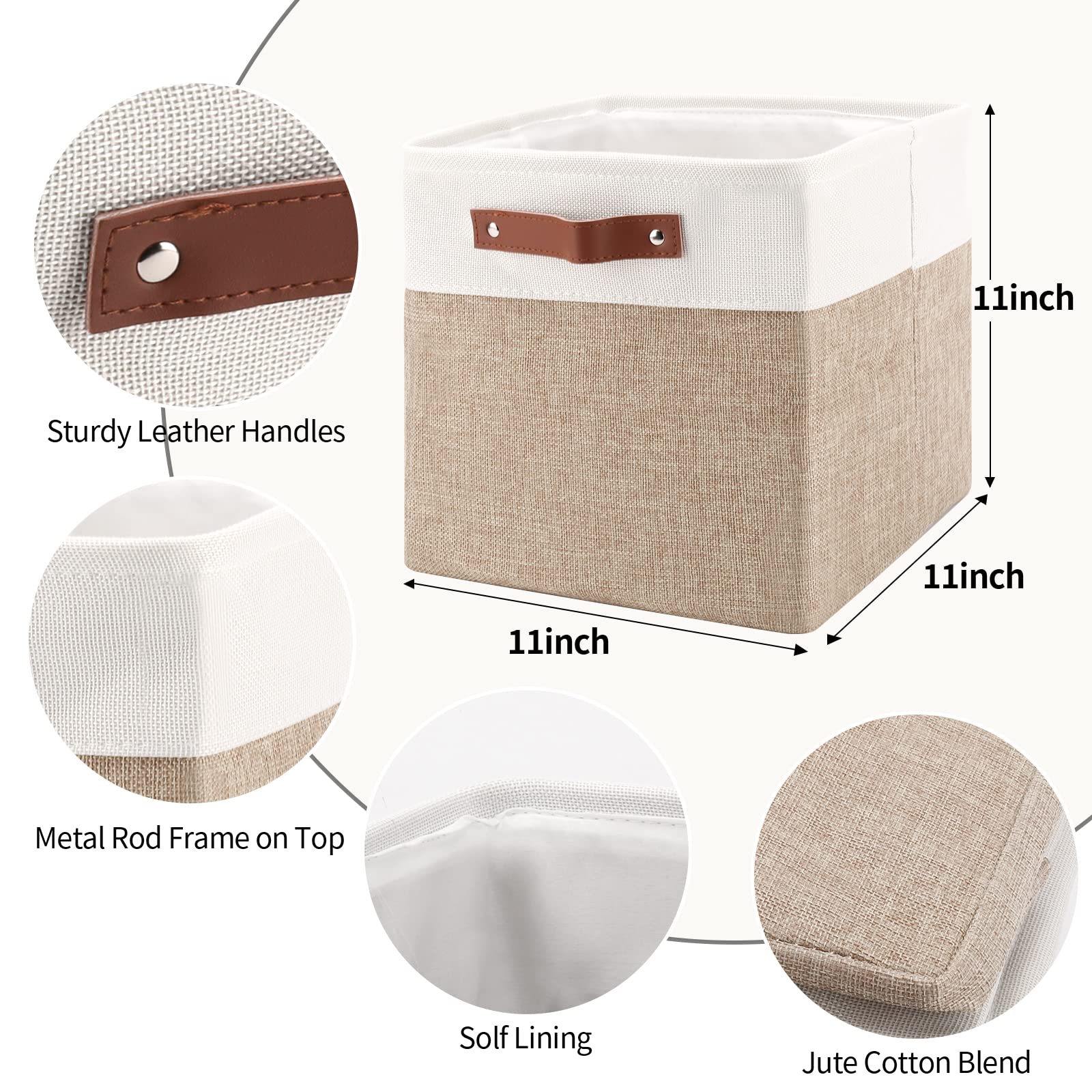 BUORCVZ Cube Storage Bins 11 Inch, Fabric Storage Cube Basket Bins with Leather Handles, Collapsible Basket Organizer Bins for Home, Office, Closet, Shelves, Clothes Toy, Nursery, Decorative, 4 Pack
