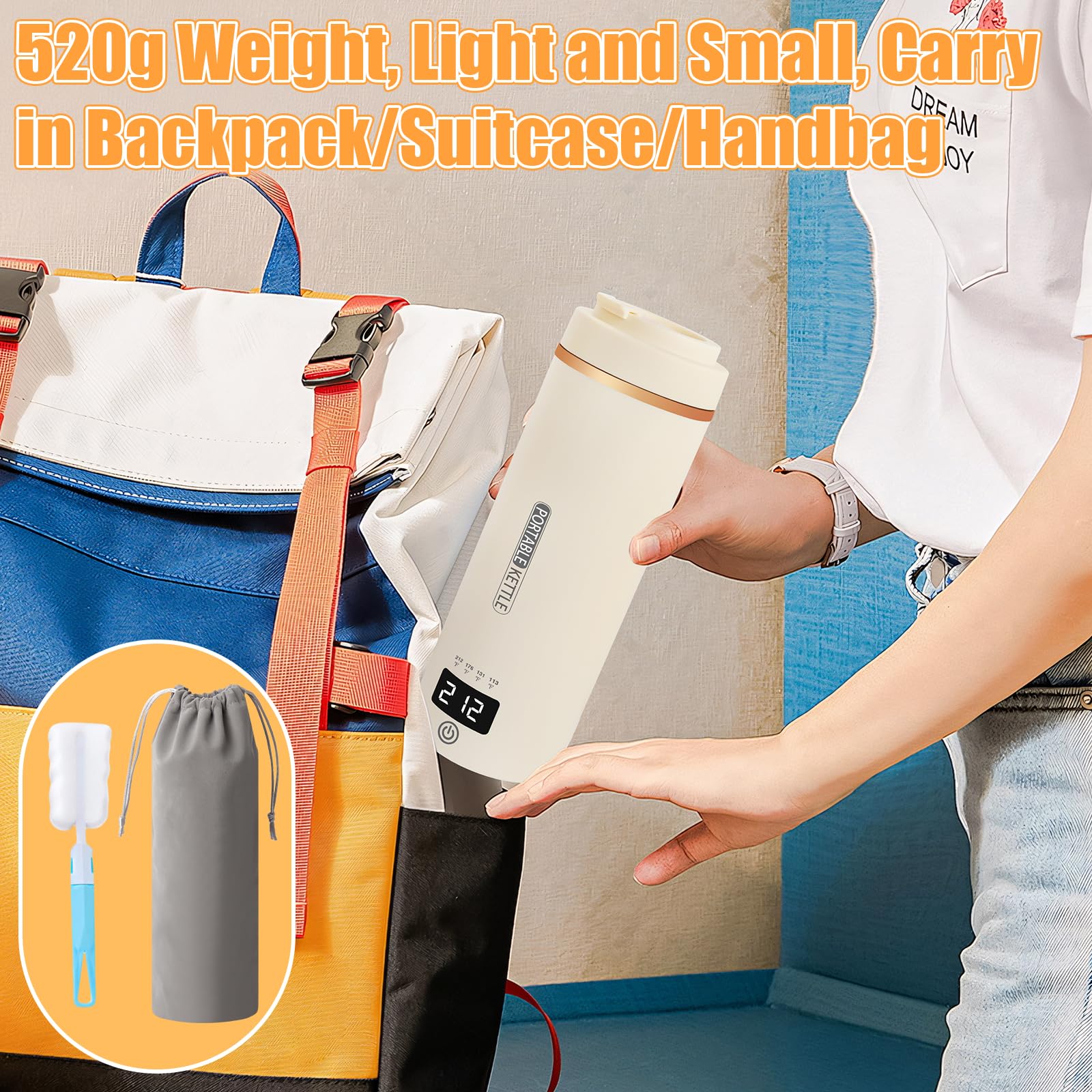 Electric Kettle For Travel Portable Small Kettle 0.5L(17 OZ), Fast Boiling Mini Water Kettle 316 Stainless Steel For Tea/Coffee, Hot Water Boiler with 4 Temperature,Auto Shut-Off,110V (Beige)