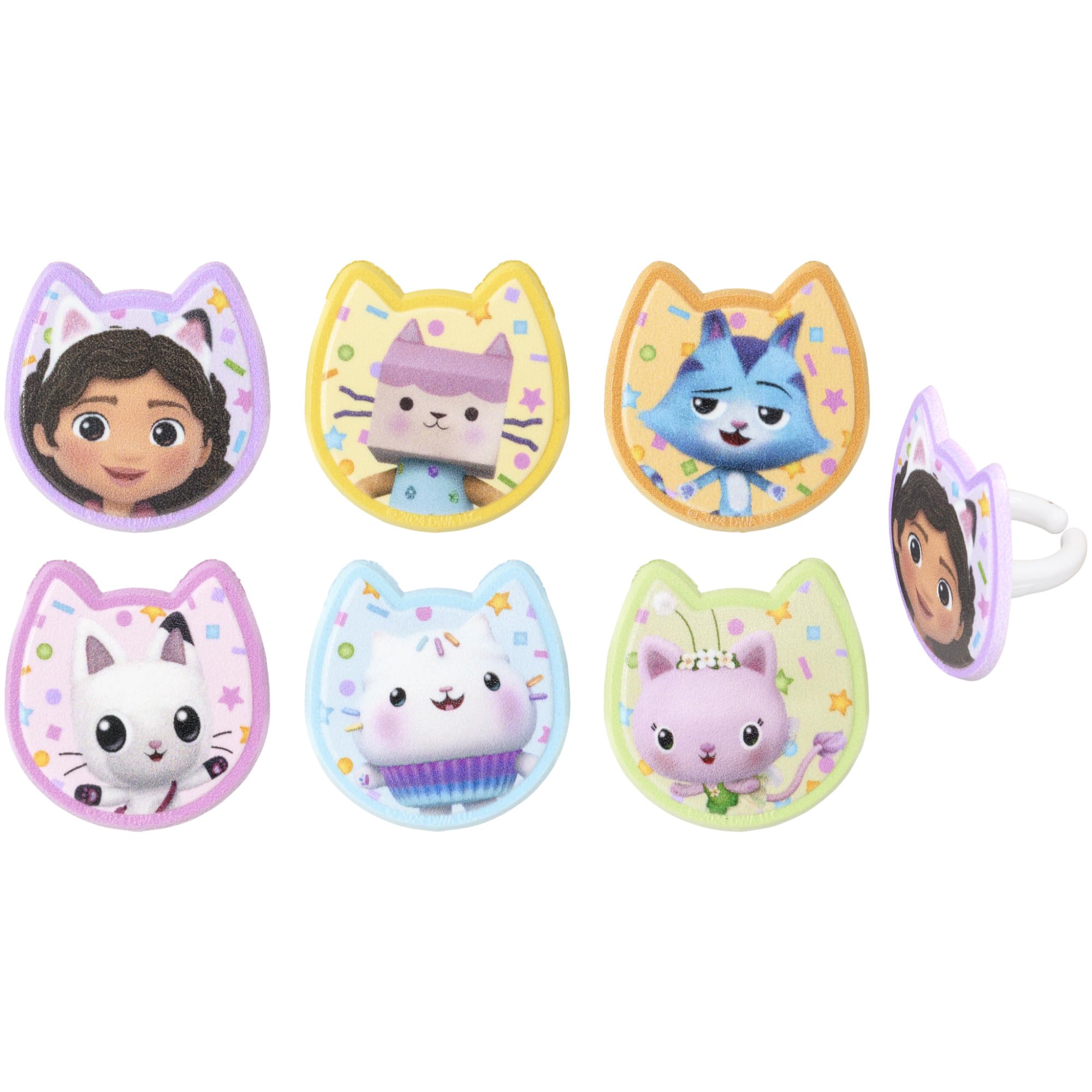 DecoPac DreamWorks Gabby's Dollhouse Rings, 24 Cupcake Decorations Featuring Gabby, Pandy Paws, Irresistible Kitty Characters, and Super Fun Adventures! - 24 Pack