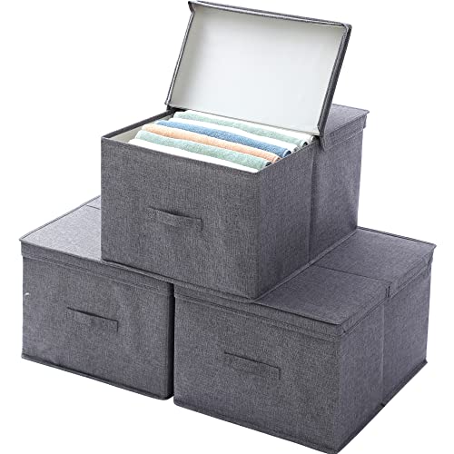 FIHAP Collapsible Storage Bins with Lids for Clothes, Sturdy Fabric Storage Cubes Container, Foldable Closet Organizer, Stackable Box for Bedroom Sheets Blankets Toys, 3 Pack, Grey