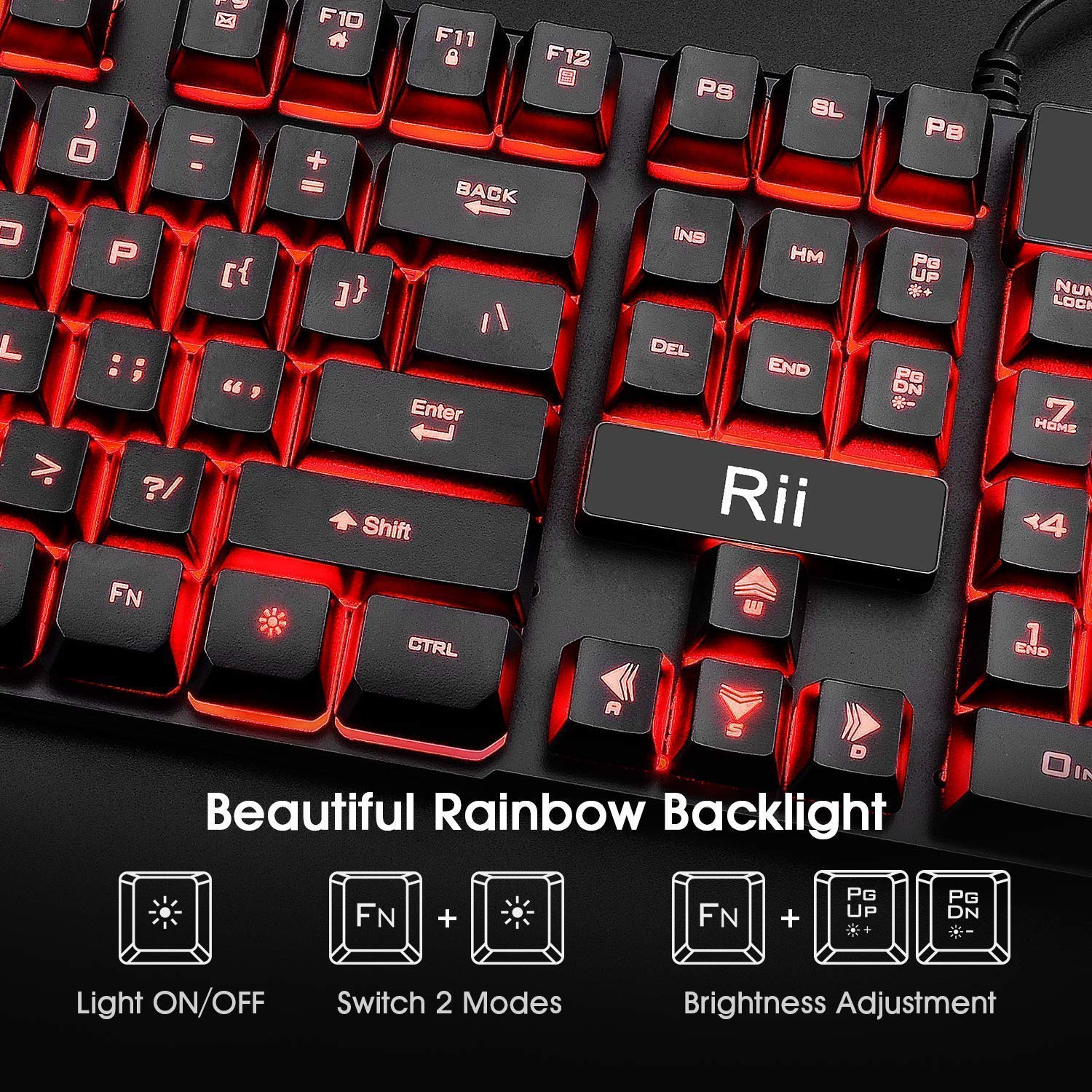 Rii RK100 3 Colors LED Backlit Mechanical Feeling USB Wired Multimedia Office Keyboard For Working or Primer Gaming,Office Device (Renewed)