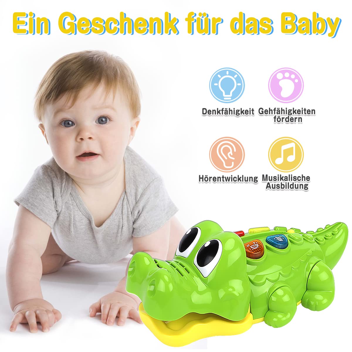 Nueplay Alligator Musical Crawling Toy for 1 2 3 Year Old Kids Babies Toddler Boy Girl Educational Learning Infant Toy with Music Light Game Modes 8 Songs with 3 AA Batteries