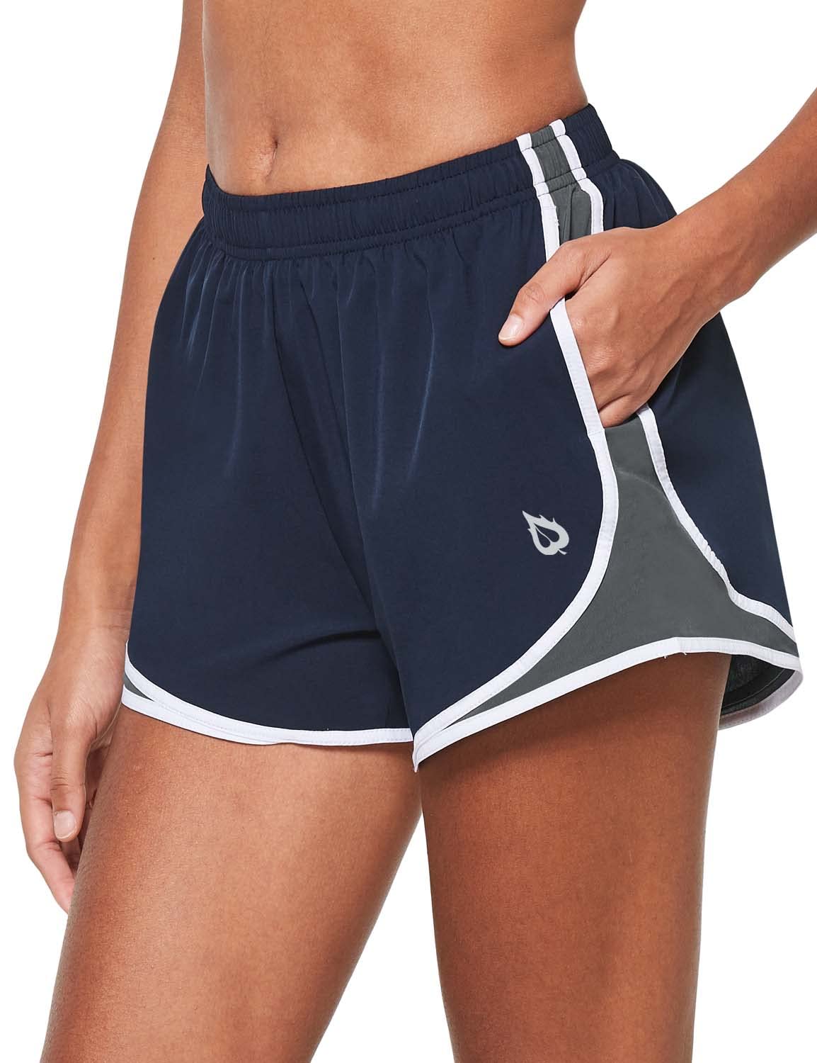 BALEAF Women's 3" Athletic Running Shorts Woven Quick-Dry Gym Shorts with Pockets & Liner Workout Sports Navy/Grey/White Medium