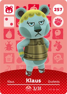 Klaus - Nintendo Animal Crossing Happy Home Designer Amiibo Card - 257