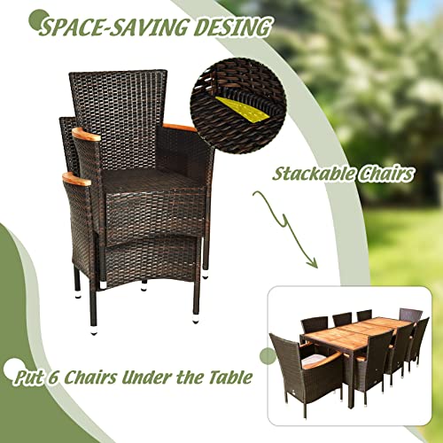 GLACER 9 Pieces Outdoor Patio Dining Set, 75" Large Acacia Wood Wicker Dining Table & Stackable Cushioned Chair Set, Rattan Dining Furniture Set for Backyard, Garden, Poolside, Patio Dining Set for 8
