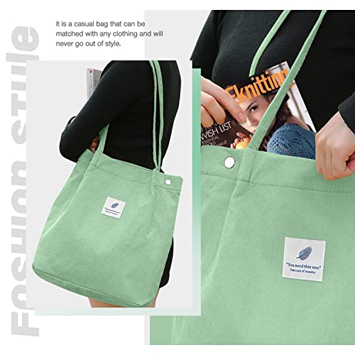 Corduroy Tote Bags for Women Girls, Large Capacity Reusable Grocery Shoulder Bag with Inner Pockets (Bean)…, Green