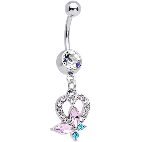 Body Candy 14G 316L Steel Navel Ring Piercing Pink Blue Accent Spring Butterfly Heart Dangle Belly Button Ring