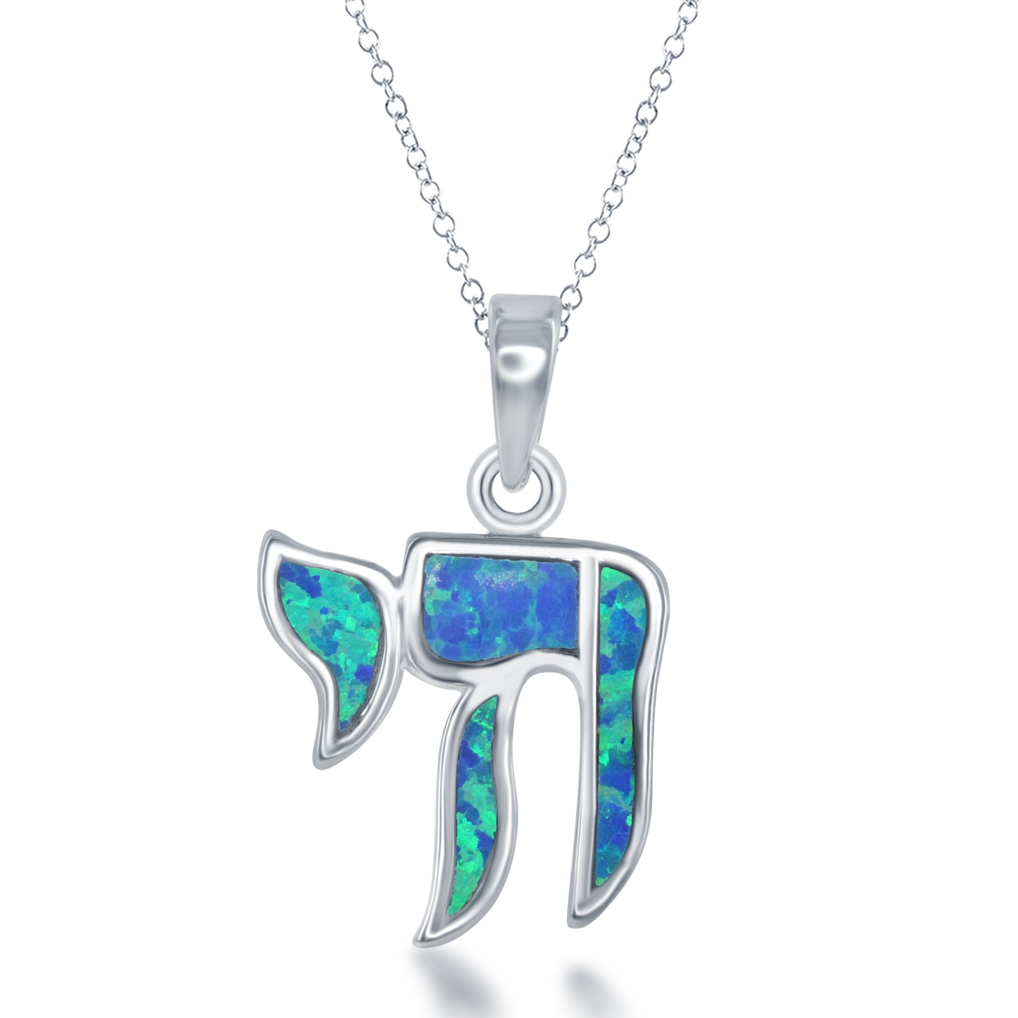 Beaux Bijoux Sterling Silver Created Blue Opal Hebrew Chai (Life) Pendant with 18" Chain