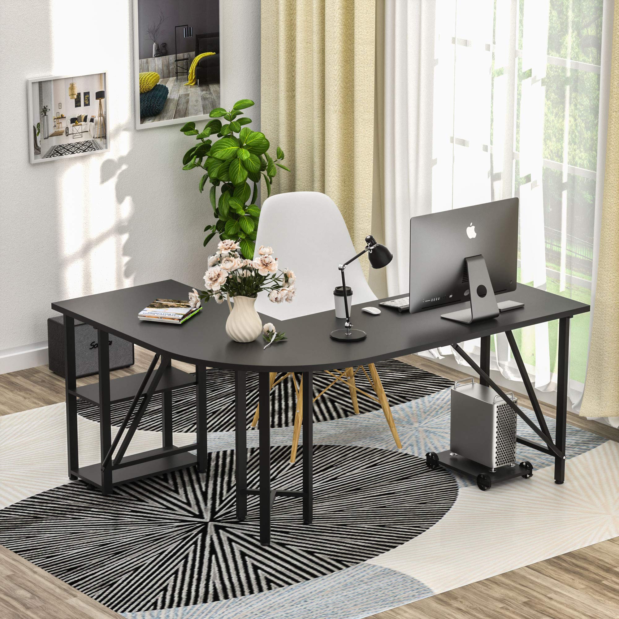 Bizzoelife 59"x55" Large L Shaped Corner Table Computer Desk, Home Office PC Laptop Gaming Desks with CPU Stand and Storage Shelf, Wood & Steel Study Writing Workstation for Space-Saving (All Rustic)