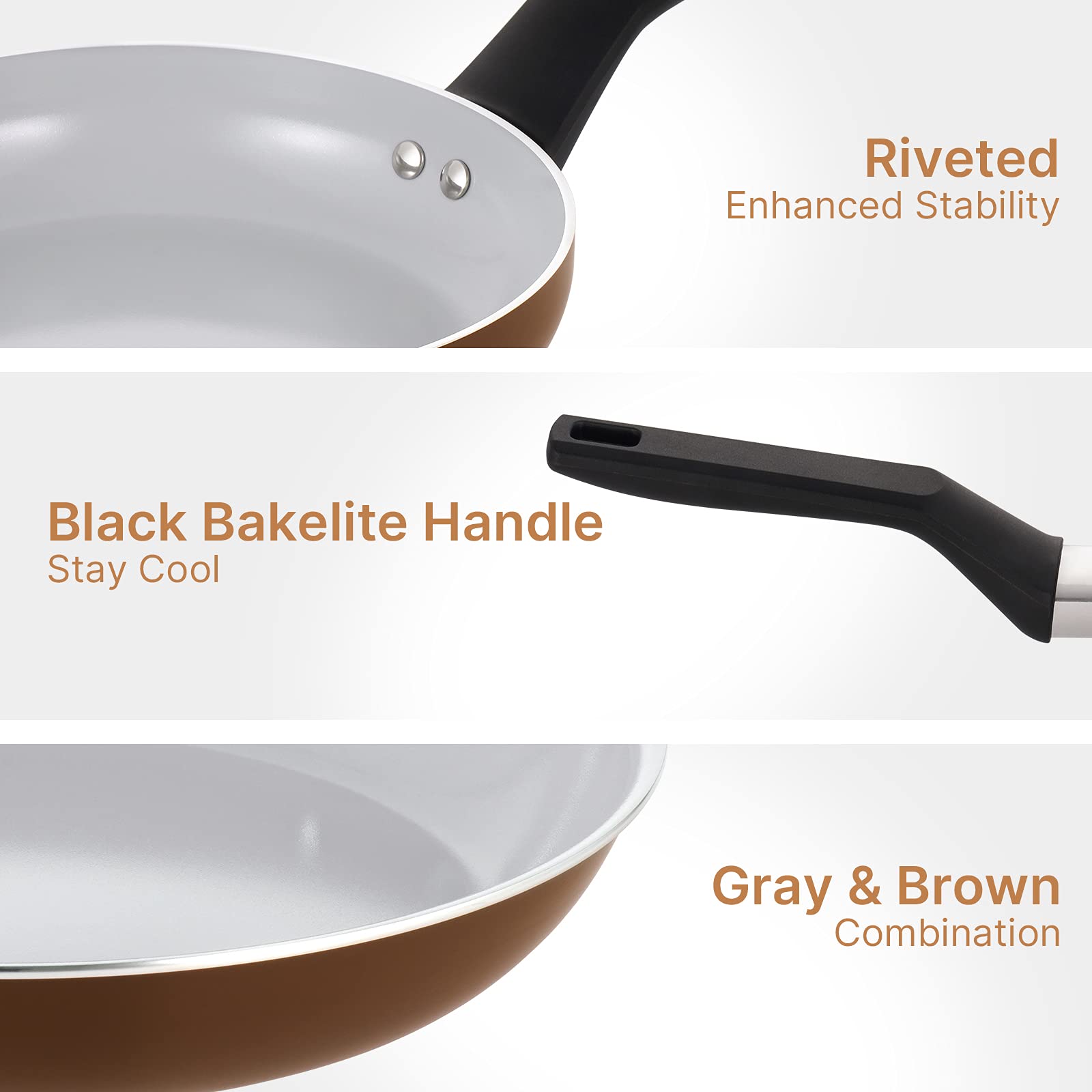 EPPMO Healthy Ceramic Skillet With Stay Cool Bakelite Handle, Small Open Fry Pan Without Lid, Brown, 8 Inch