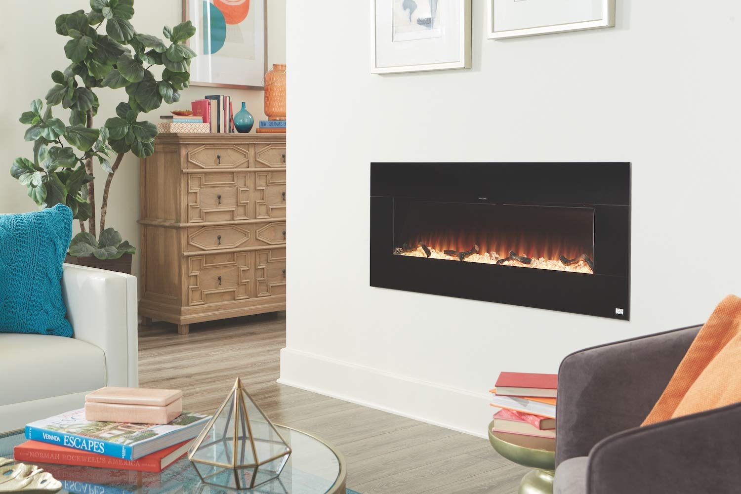 BurnBrite 88001 50-Inch Dual-use Wall Mount & Recessed Electric Fireplace with Crystals and Driftwood, Black