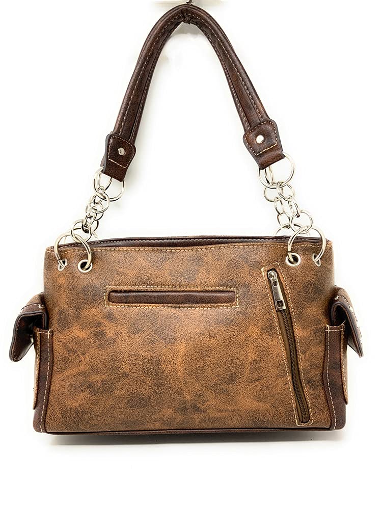 Western Premium Suede Leather Cross Buckle Floral Women's shoulder handbag Wallet Set (Coffee Floral Cross Set)