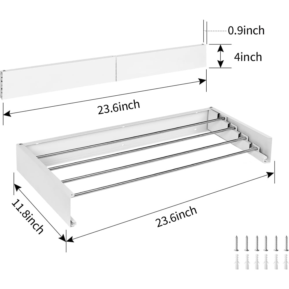 Dontinhu Laundry Drying Racks 2 Pack Collapsible, Wall Mounted Retractable Clothes Drying Rack, 45lbs Capacity, 8 Linear Ft,4 Metal Rods, with Wall Template (White2-23.6").