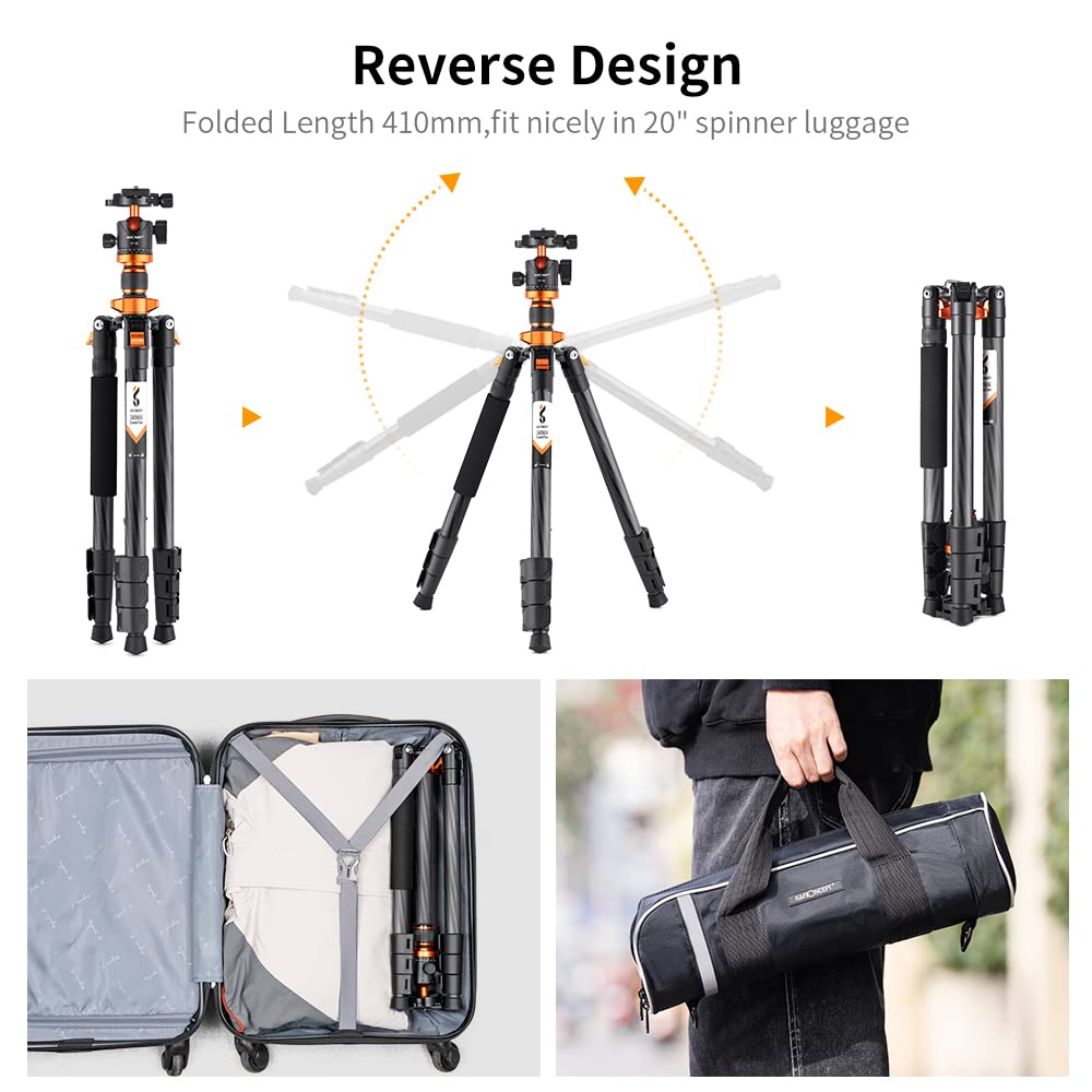 K&F Concept 63" Carbon Fiber Camera Tripods,D254C1+BH-28L Compact Tripod with Detachable Monopod, Metal Ball Head 10KG Load Capacity with Quick Release Plate for SLR DSLR Digital Camera/Camcorder