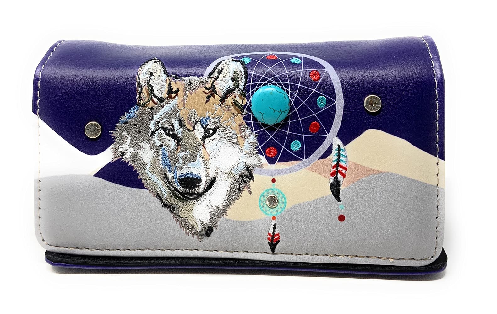 Western Wolf Dream Catcher Embroidery Feather Conceal Carry Women Handbag Purse in 5 colors (Black Wallet)
