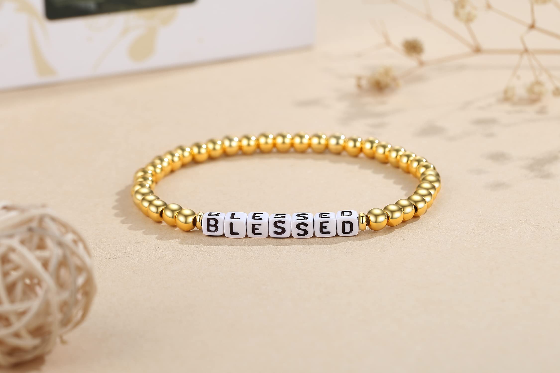 Byson Brass Beads Ball Bracelet with English Letter Copper Beads Balls Stretchable Elastic Gold Beaded Bracelets for Women & Men 7.5" (BLESSED)