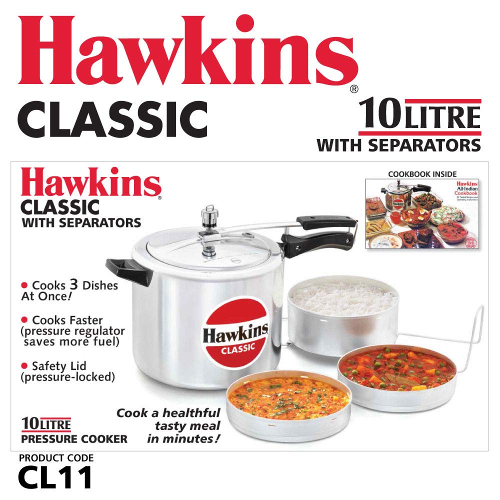 Hawkins Classic Pressure cooker, 10 L WITH SEPERATOR, Silver