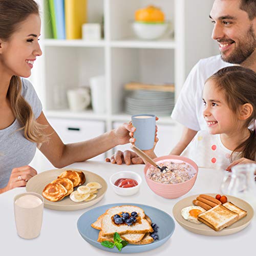 Cainfy Wheat Straw Dinnerware Sets for 4, 12PCS Unbreakable Lightweight Reusable Dinner Plates Camping Bowls Set for Kids, Dishwasher and Microwave Safe