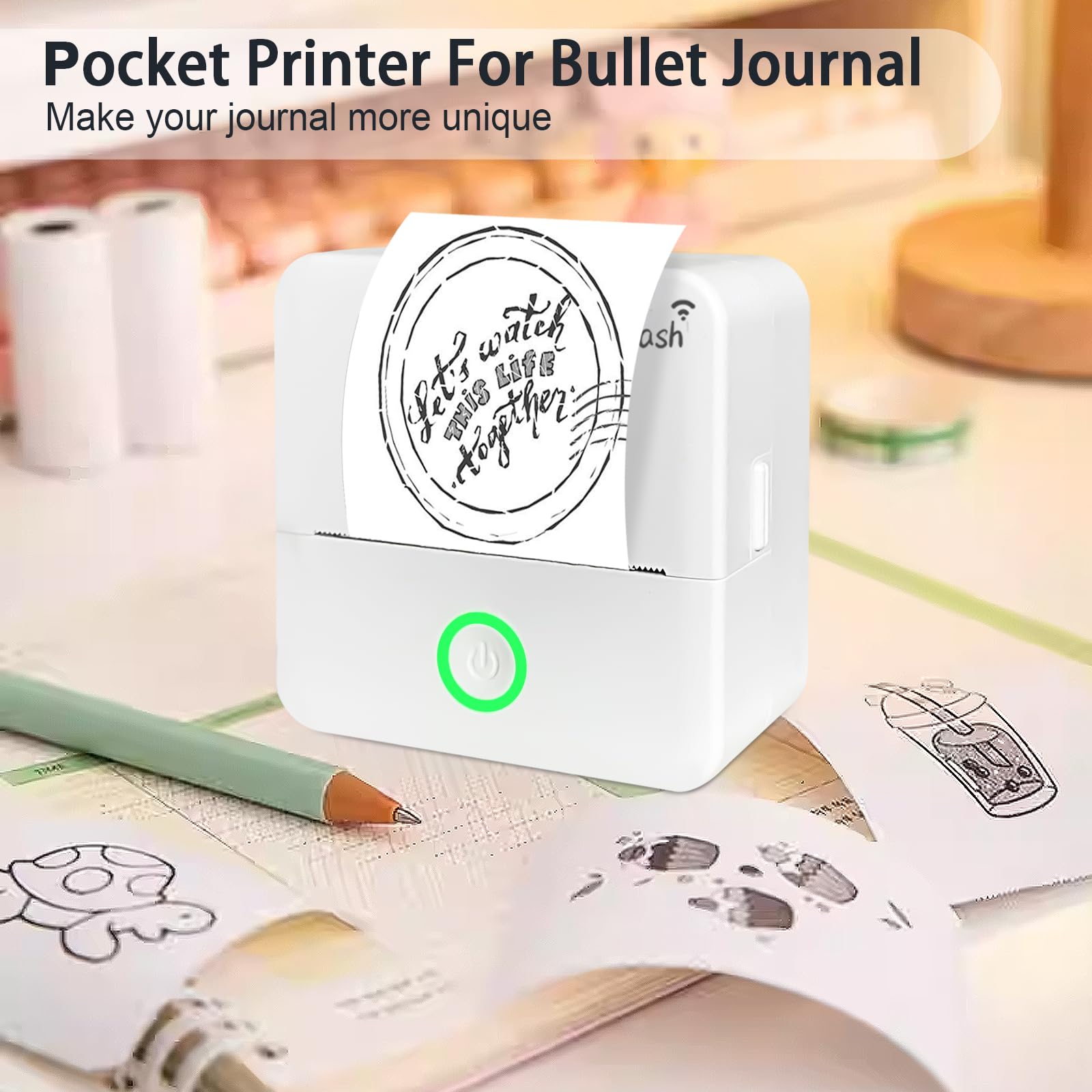 Doodle Dash Printer Mini Printer Sticker Maker Bluetooth Connection Cell Phone, Tablet with 5 Self-Adhesive Rolls Printing Paper Wireless Inkless Pocket Printer Suitable for Photos, Study (White)