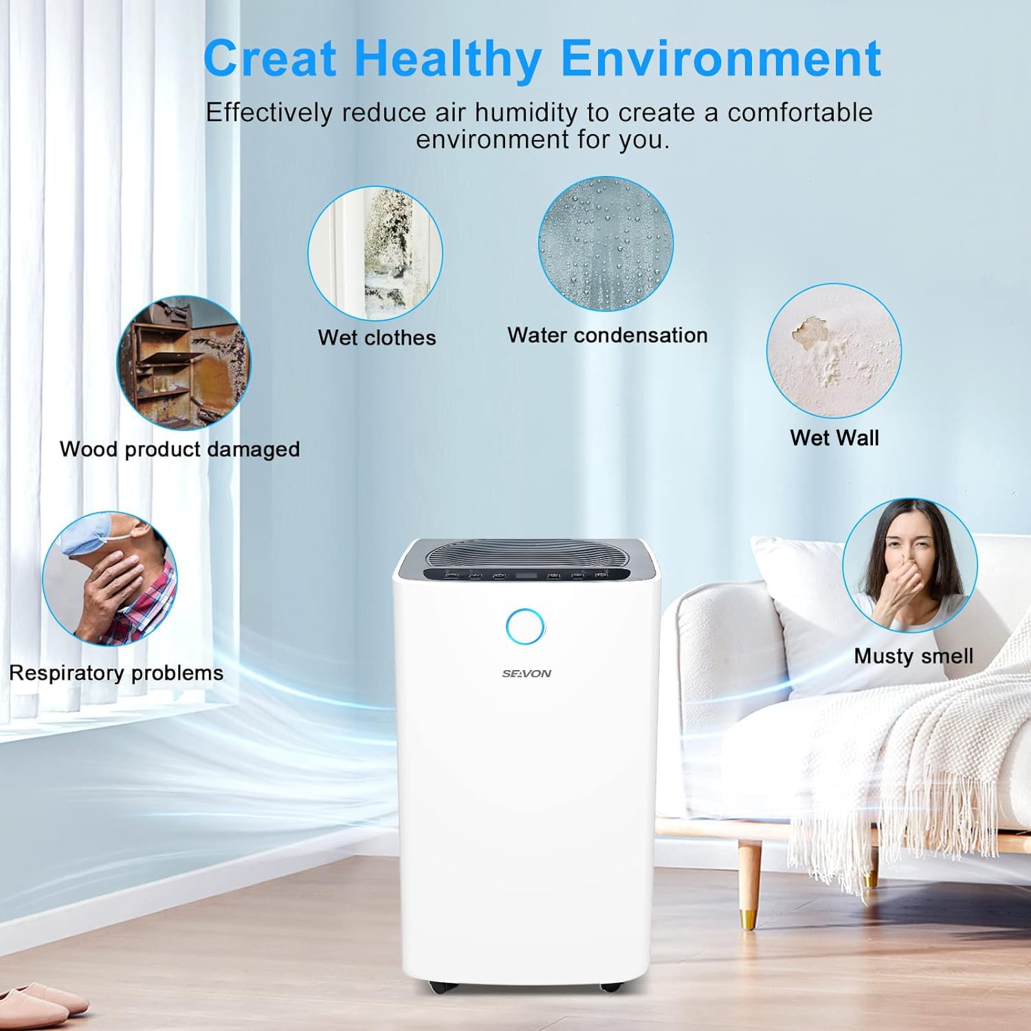 SEAVON 30 Pint Dehumidifiers for 2000 Sq. Ft Home Basement with Drain Hose, Dehumidifier with Auto and Manual Drainage,12 Hours Timer, Child Lock, Dry Clothes, Intelligent Humidity Control for Bedroom