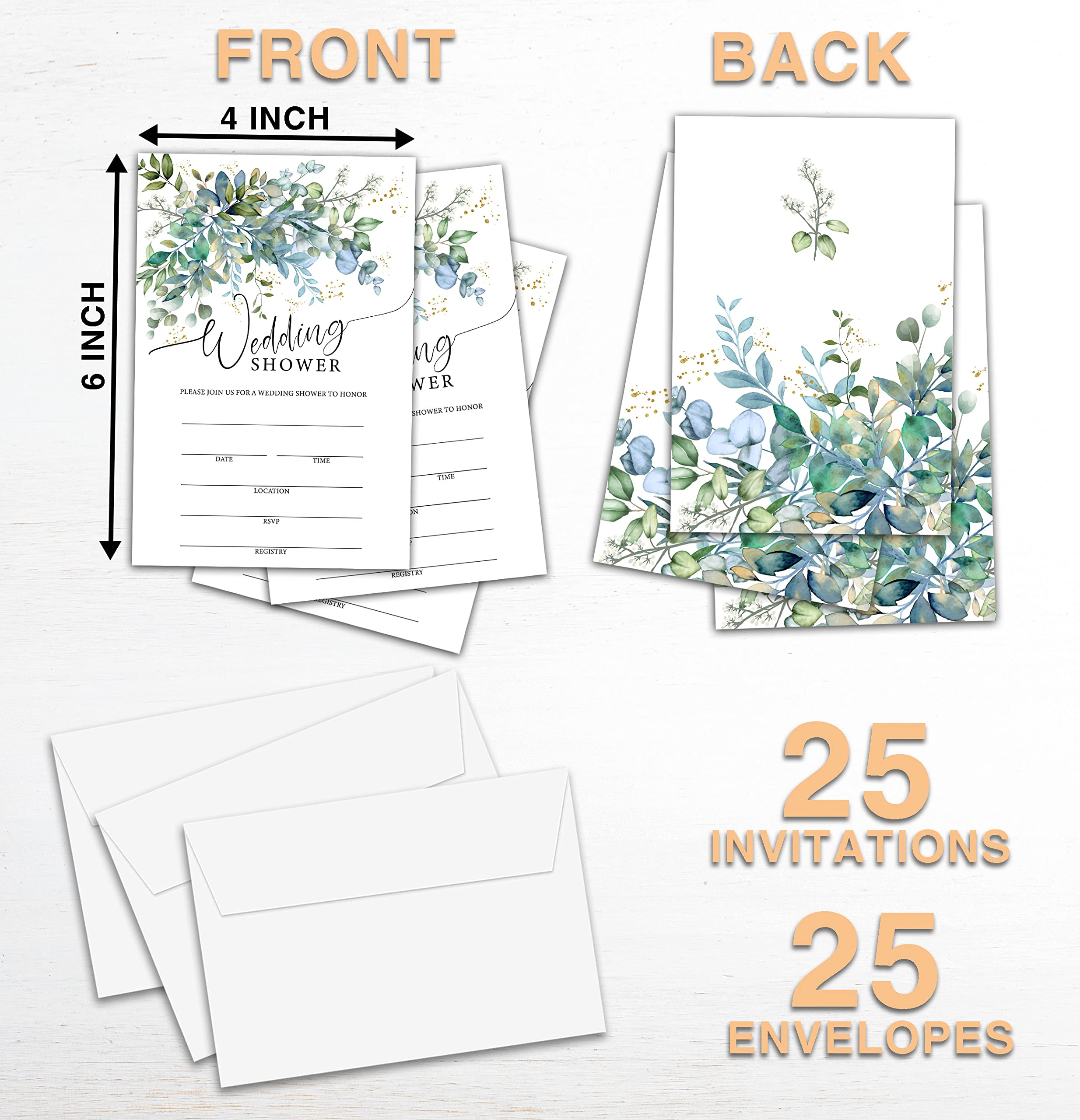 Greenery Wedding Shower Invitations, Floral Bridal Shower Invitations, Bridal Shower Invites for Engagement Party, Wedding, Bridal Shower, Set of 25 Invitations & 25 Envelopes (B02)