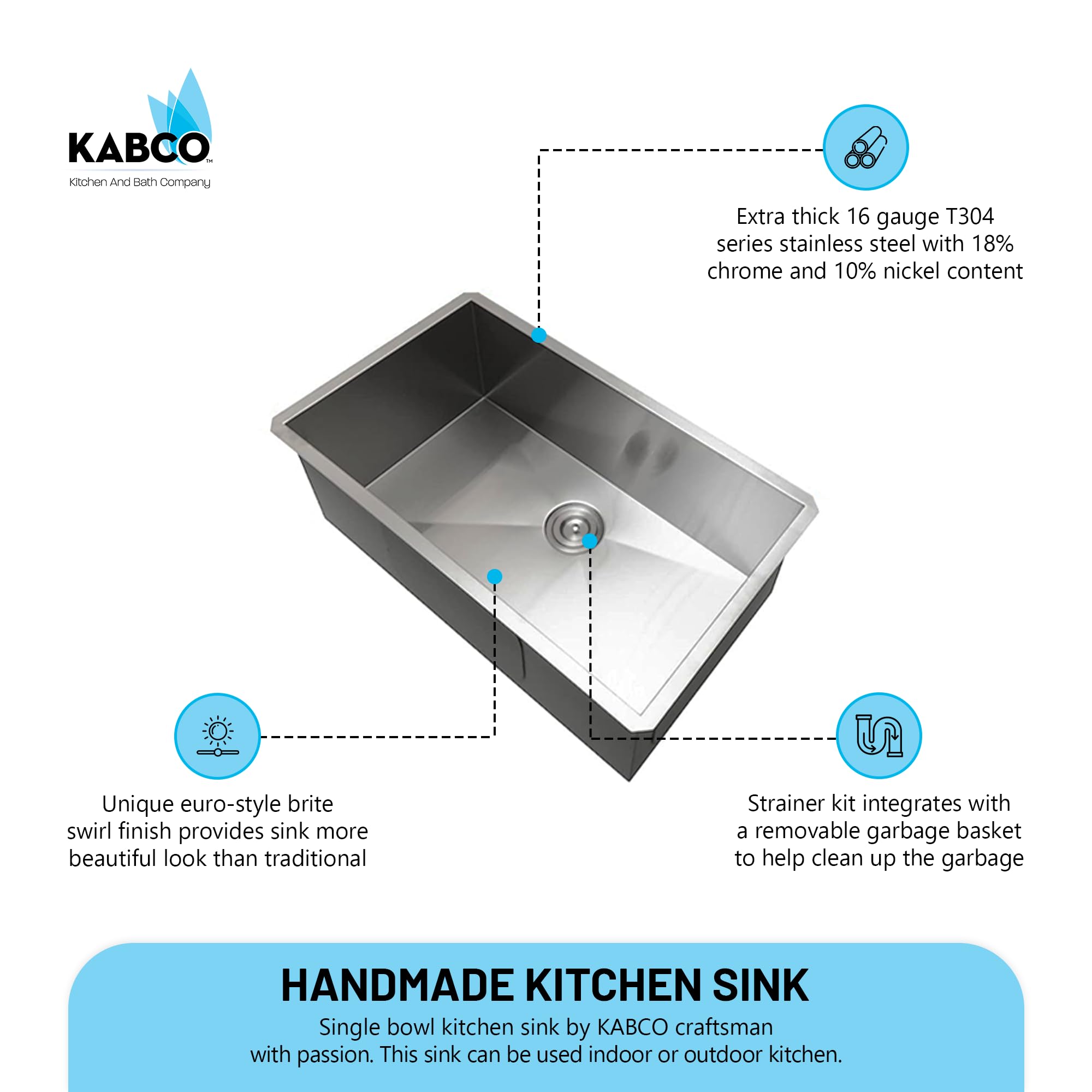 KABCO 28 Inch Single Bowl Stainless Steel Handmade Kitchen Sink with Sink Strainer, Sink Grid, a Rolling Up Grid, and Bamboo Cutting Board, Rust Resistant Sound, and Heatproof 16 Gauge Undermount Sink