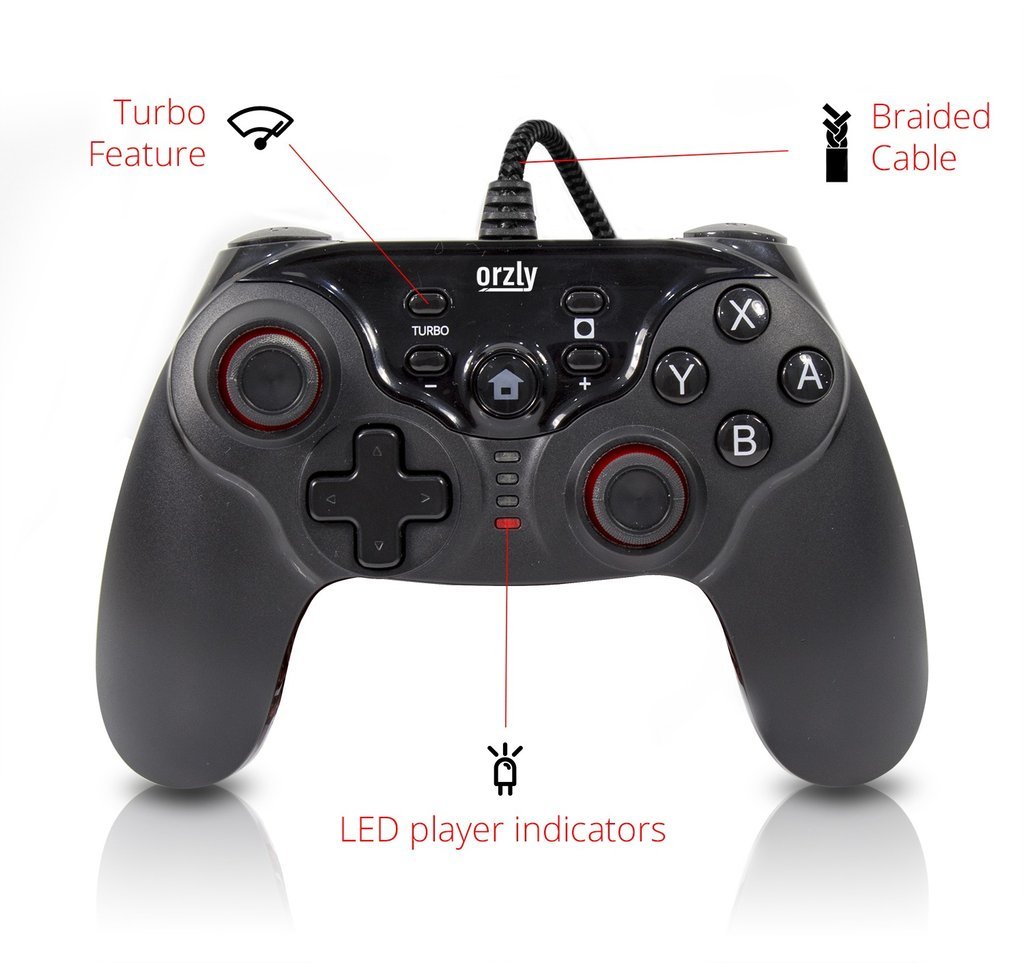 Orzly Pro Gamepad Turbo Controller for Nintendo Switch - TWIN PACK - 2x Plug and Play USB Wired Game Pads with Extra Long 3m Cable (10ft) and Turbo Buttons for Nintendo Switch (BLACK Control Pads x2)
