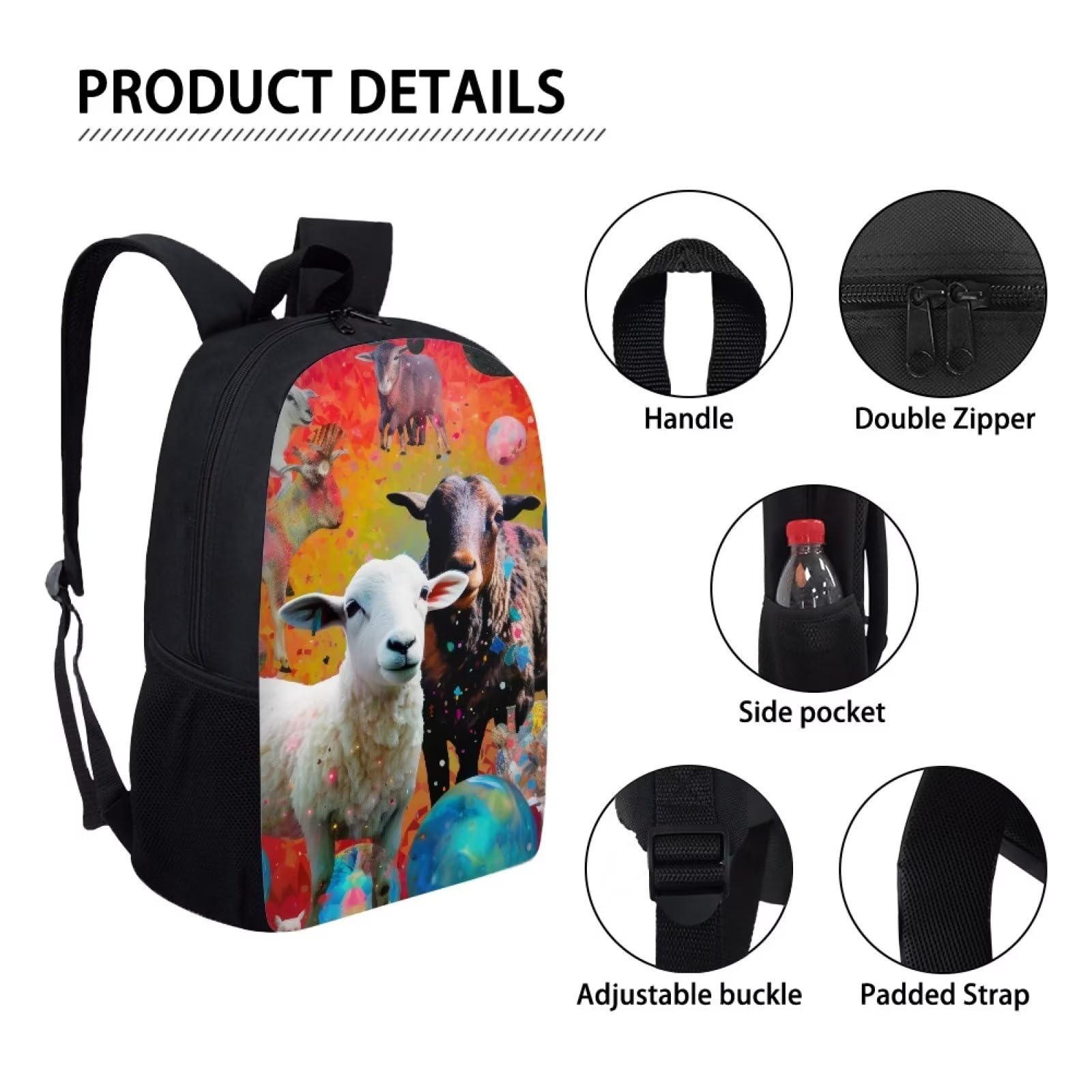 Black Kids Animal Sheep Backpack for Boys Girls Lightweight Comfy Padded Durable Elementary Cute School Backpack 17 Inch Novelty Student Child Personalized Bookbag