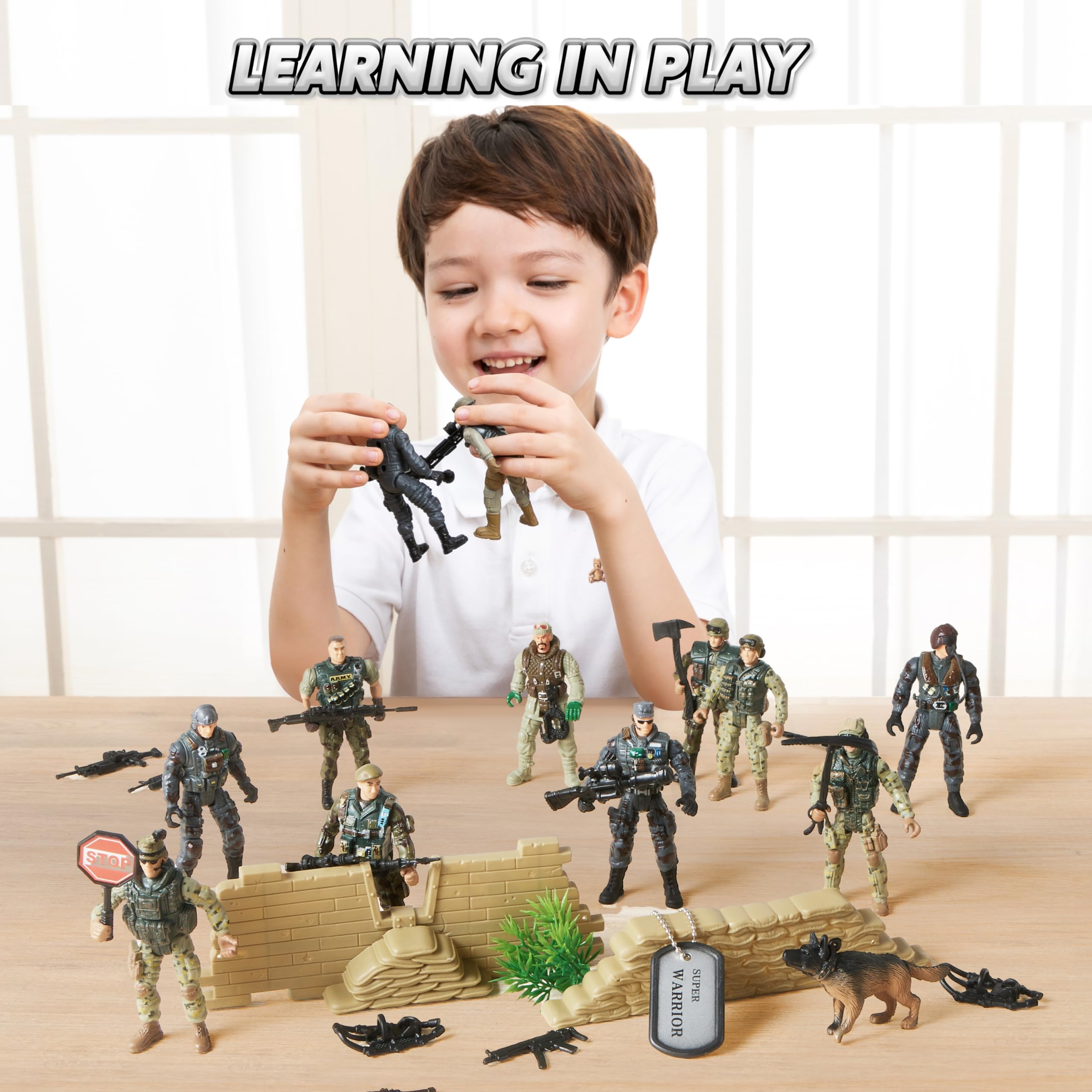 JOYIN 16 PCs Army Men Playset with 12 Realistic Army Ranger Men Action Figures and Weapon Gear Accessories, Military Soldiers Action Figures Playset for Boys Gift